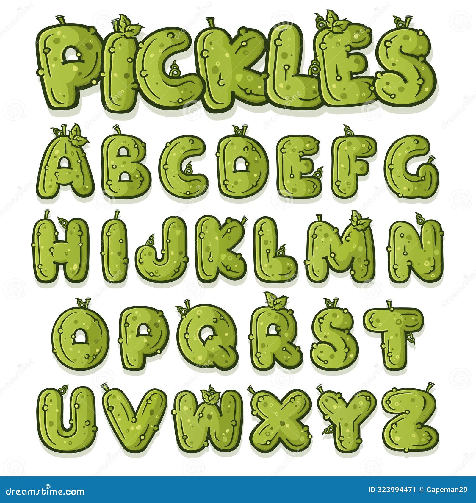 Pickle Typeface Font, Full Cucumber Alphabet Stock Vector ...