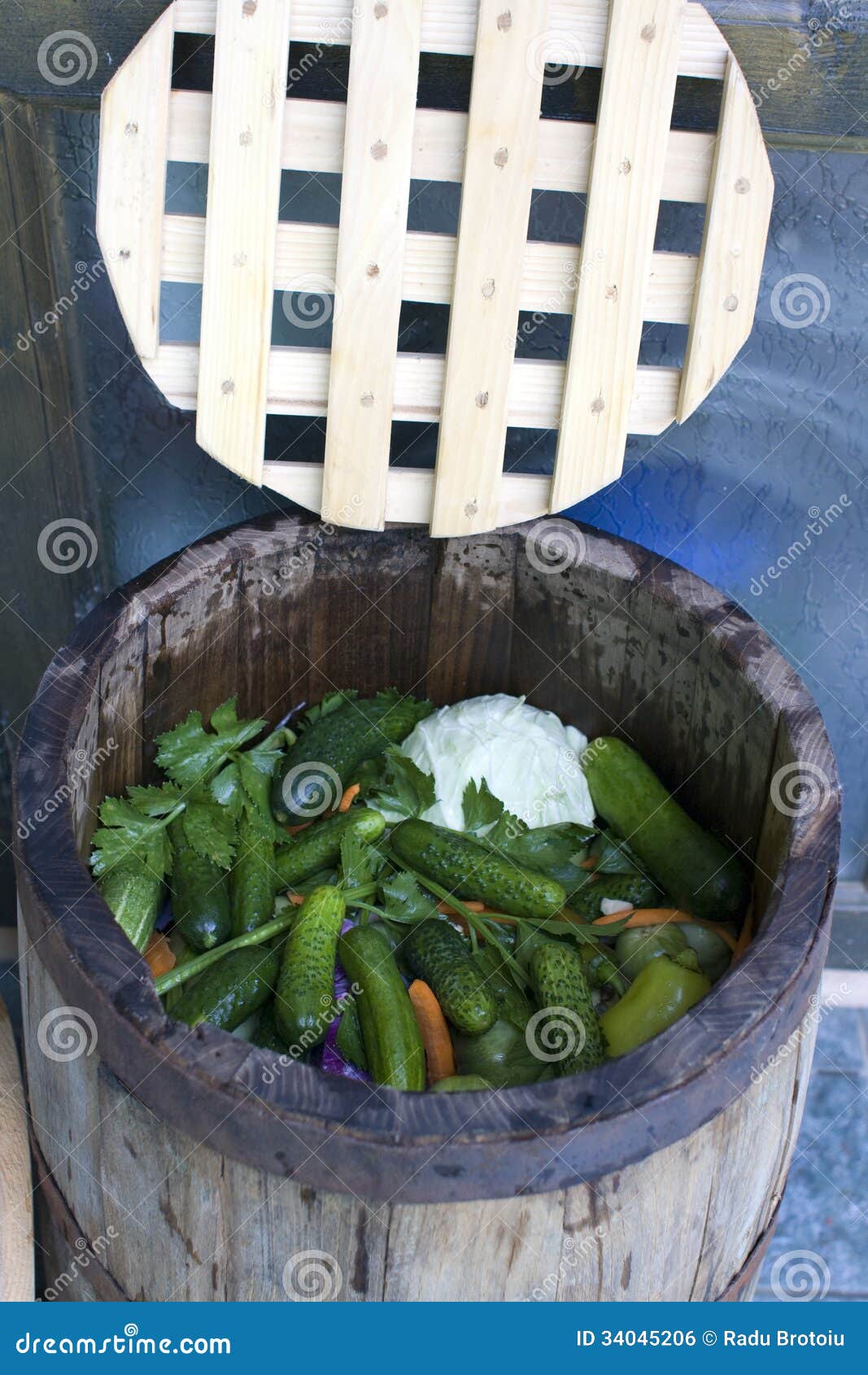 Pickles in wooden barrel stock photo. Image of horseradish - 34045206