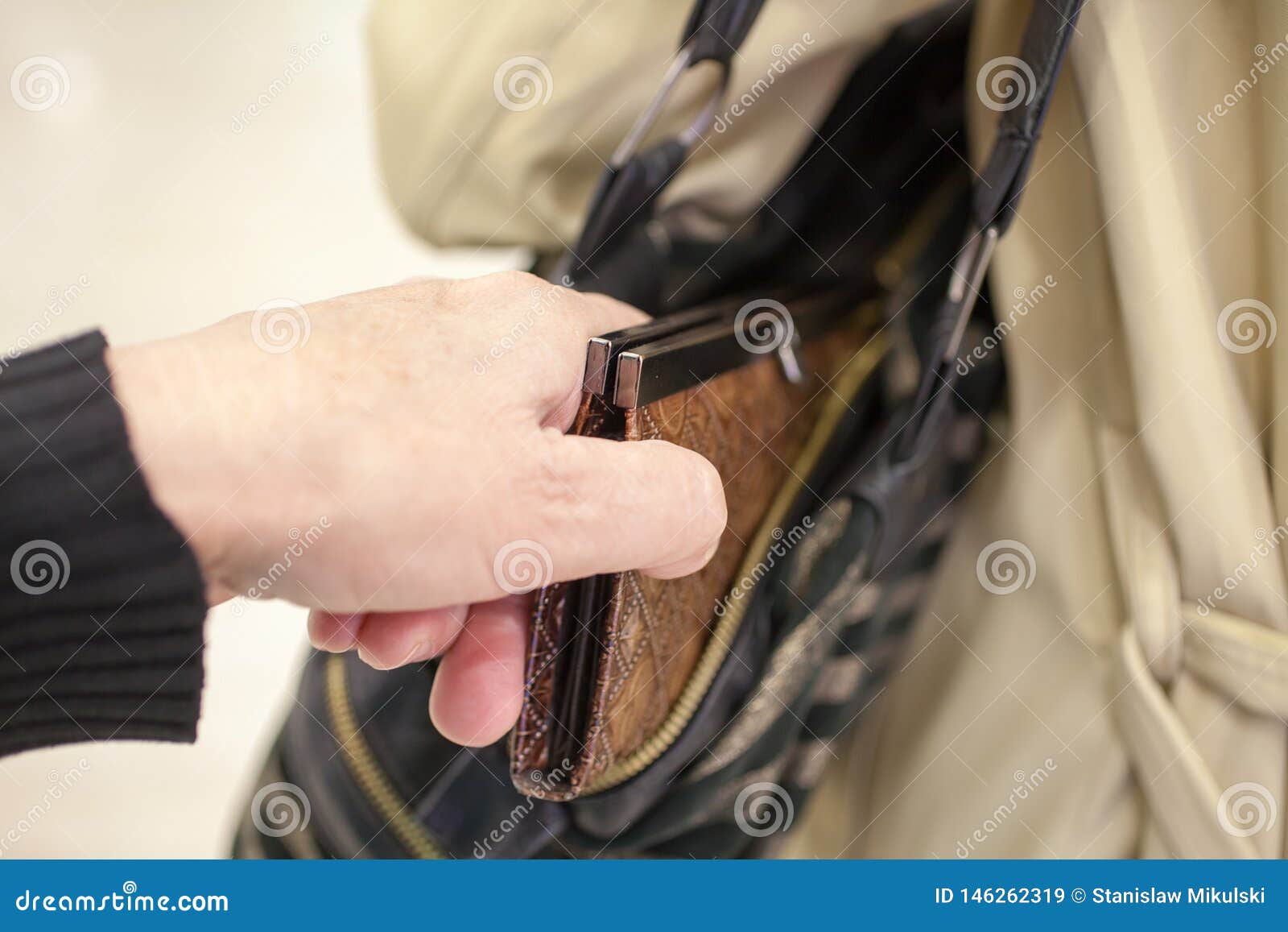 Pickpocket Thief Is Stealing Purse From Handbag Stock Image Image Of