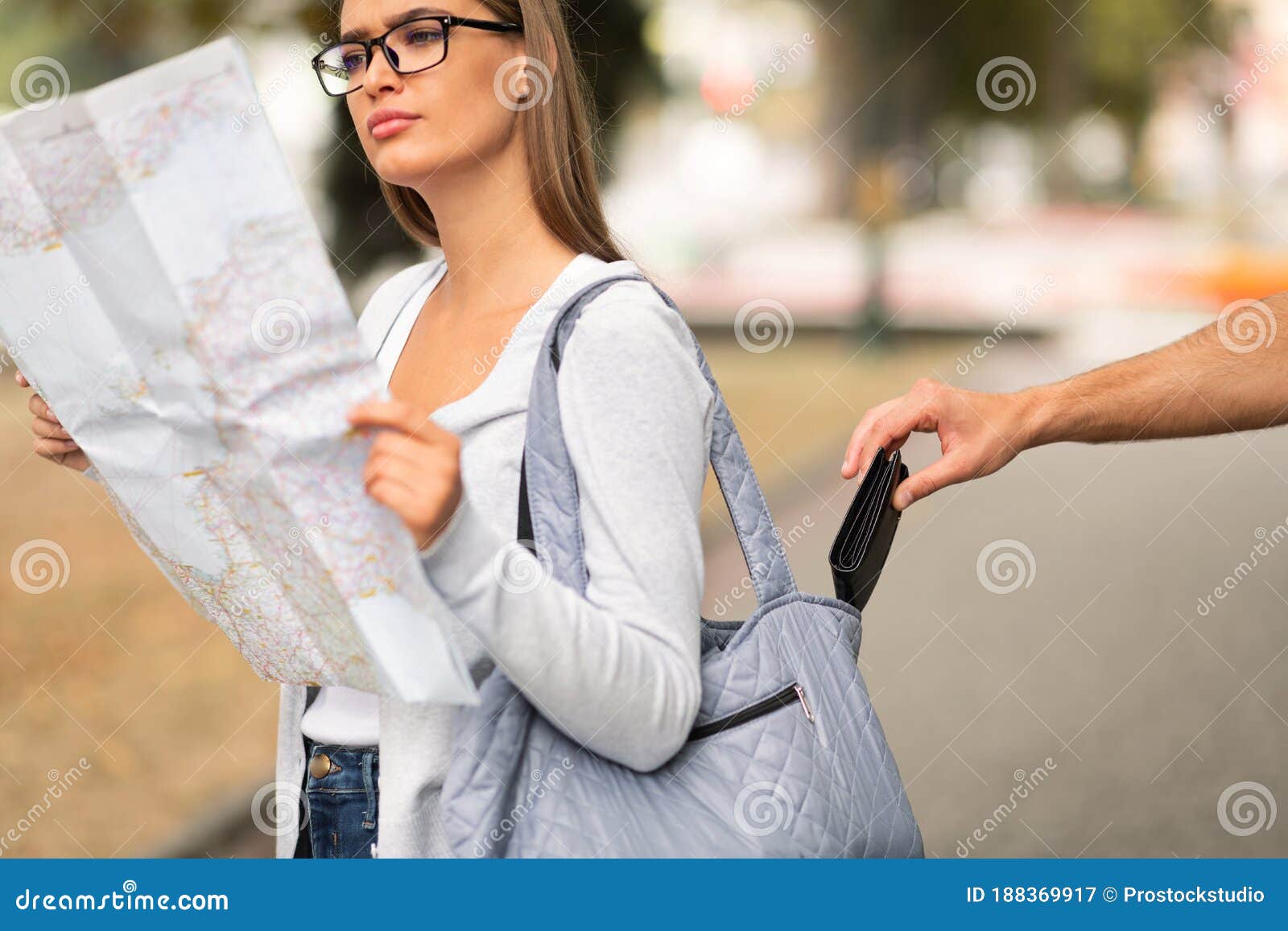 Pickpocket Thief Stealing Wallet From Traveler Woman`s Bag Outside
