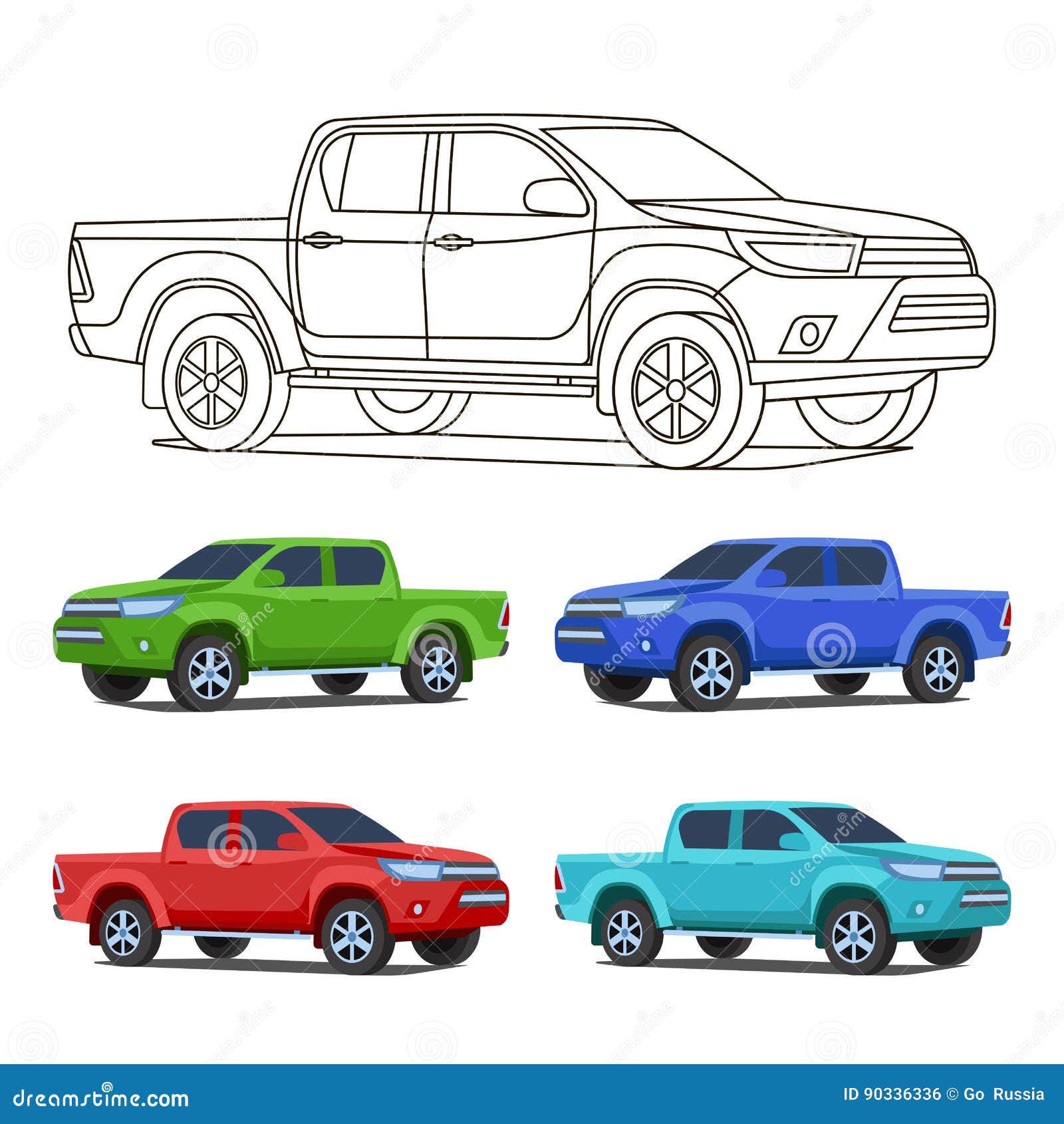 Pickup Truck Set Outline and Colored Vector Illustration Stock Vector ...