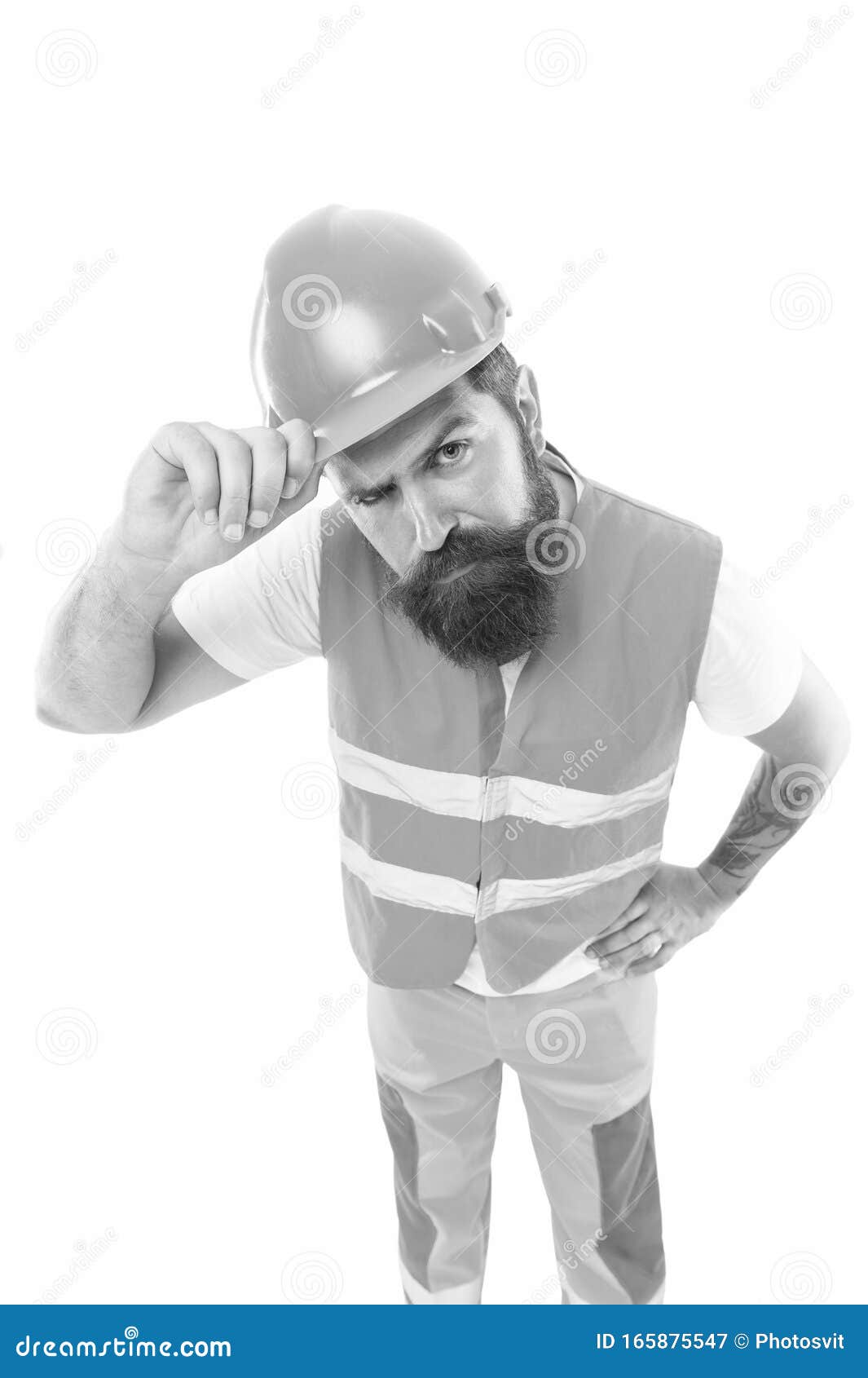 Picky Inspector. Safety is Main Point. Man Protective Hard Hat and ...