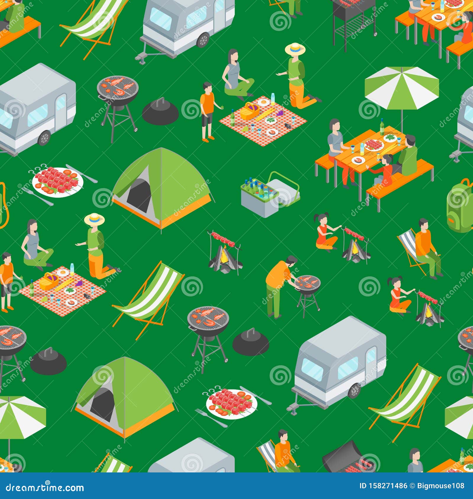 Picnic Barbecue Seamless Pattern Background Isometric View. Vector ...