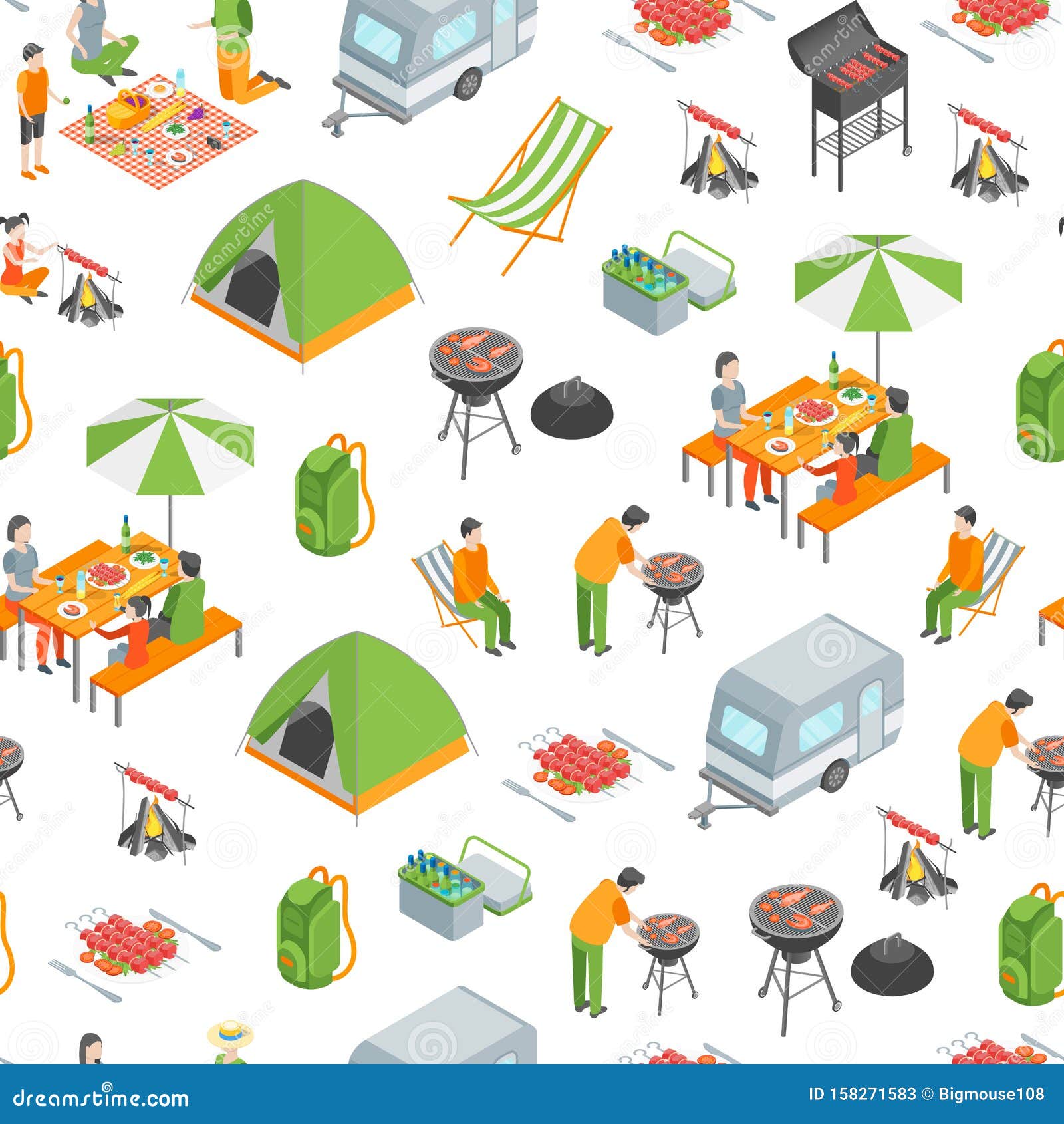 Picnic Barbecue Seamless Pattern Background Isometric View. Vector ...