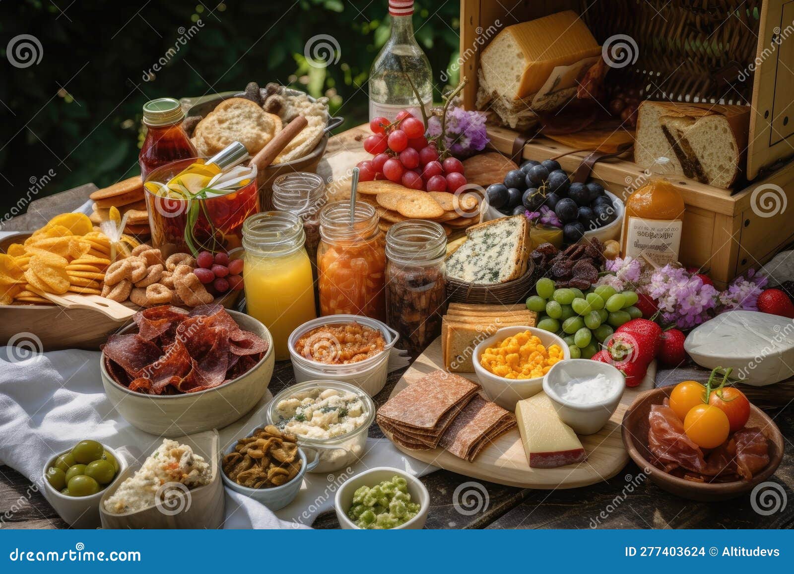 Picnic Basket Overflowing with Foods, Drinks, and Snacks Stock Photo ...