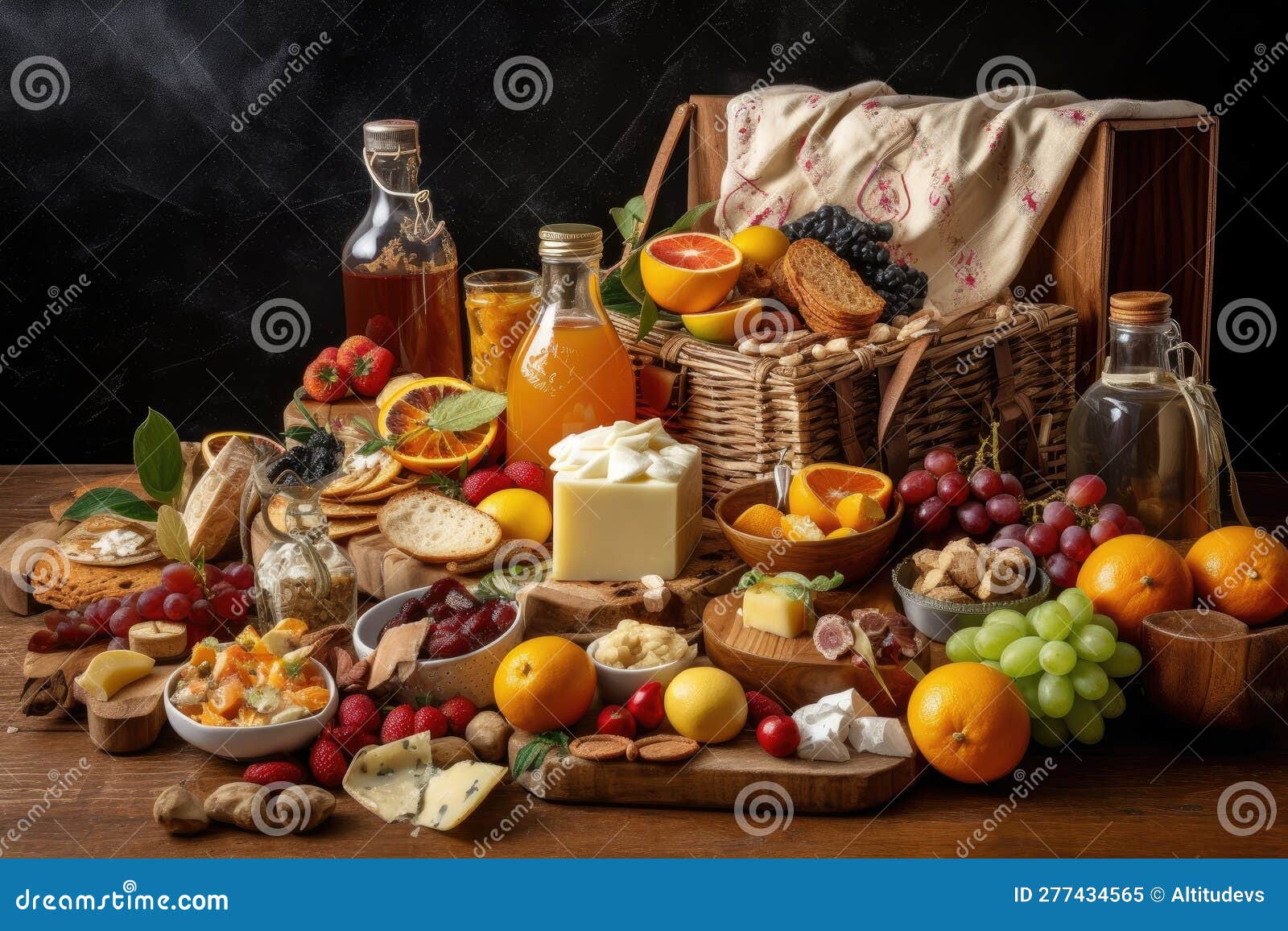 Picnic Basket Overflowing with Foods, Drinks, and Snacks Stock ...