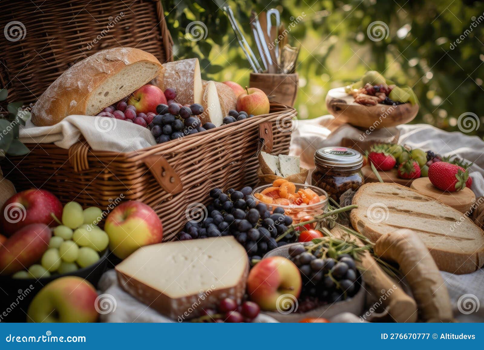 Picnic Basket Overflowing with Sandwich Fixings, Fruit, and Chips Stock ...