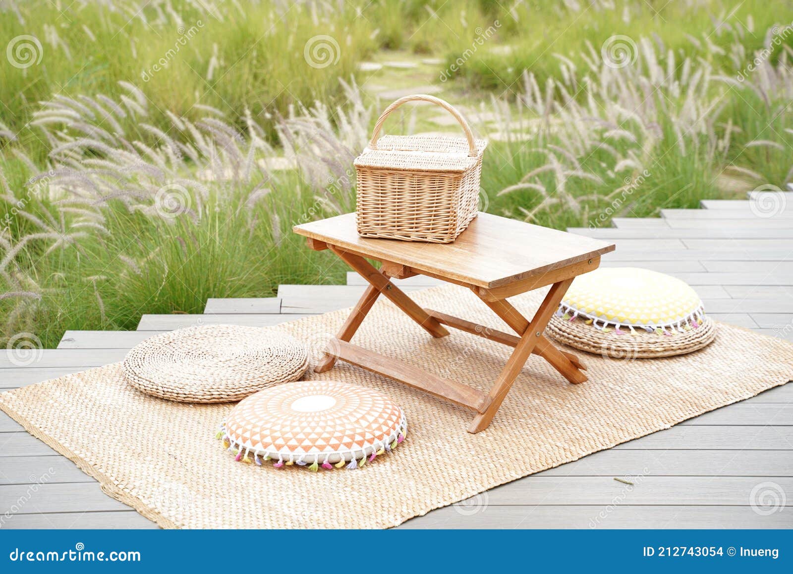 Picnic Basket on Wooden Table. Summertime Weekend Break Concept. Stock ...