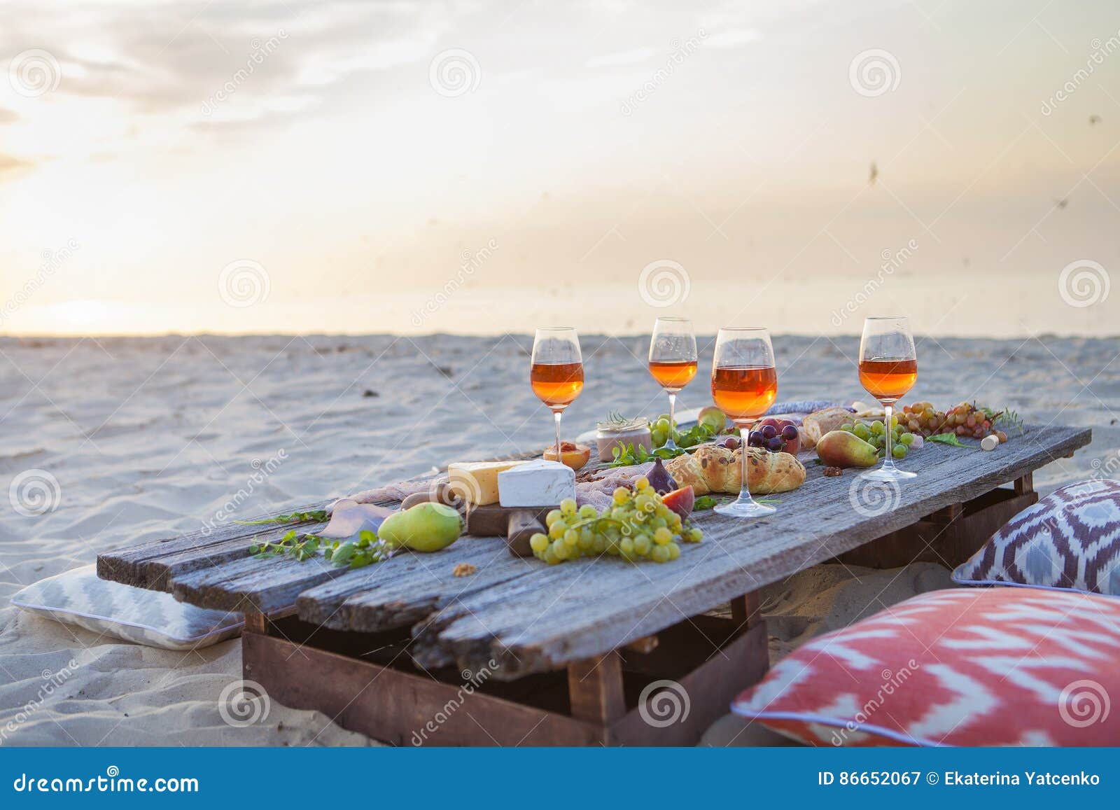 Picnic on the Beach at Sunset in Boho Style, Food and Drink Conc Stock ...