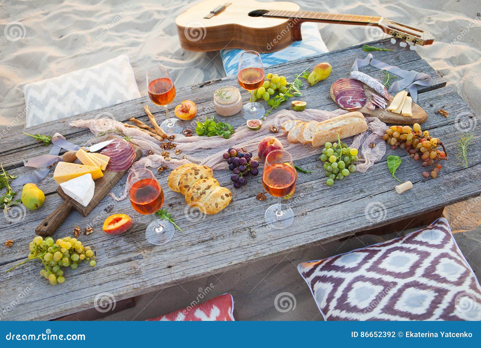 Picnic on the Beach at Sunset in Boho Style, Food and Drink Conc Stock ...