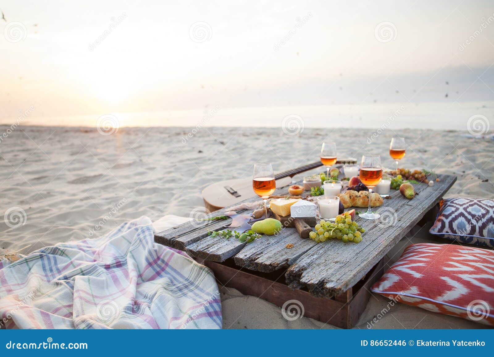 Picnic on the Beach at Sunset in Boho Style, Food and Drink Conc Stock ...