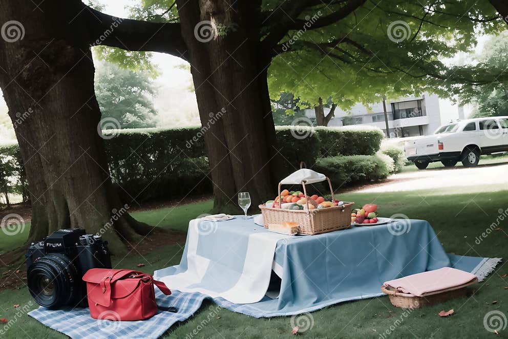 A Picnic Blanket Spread Under a Tree Stock Illustration - Illustration ...