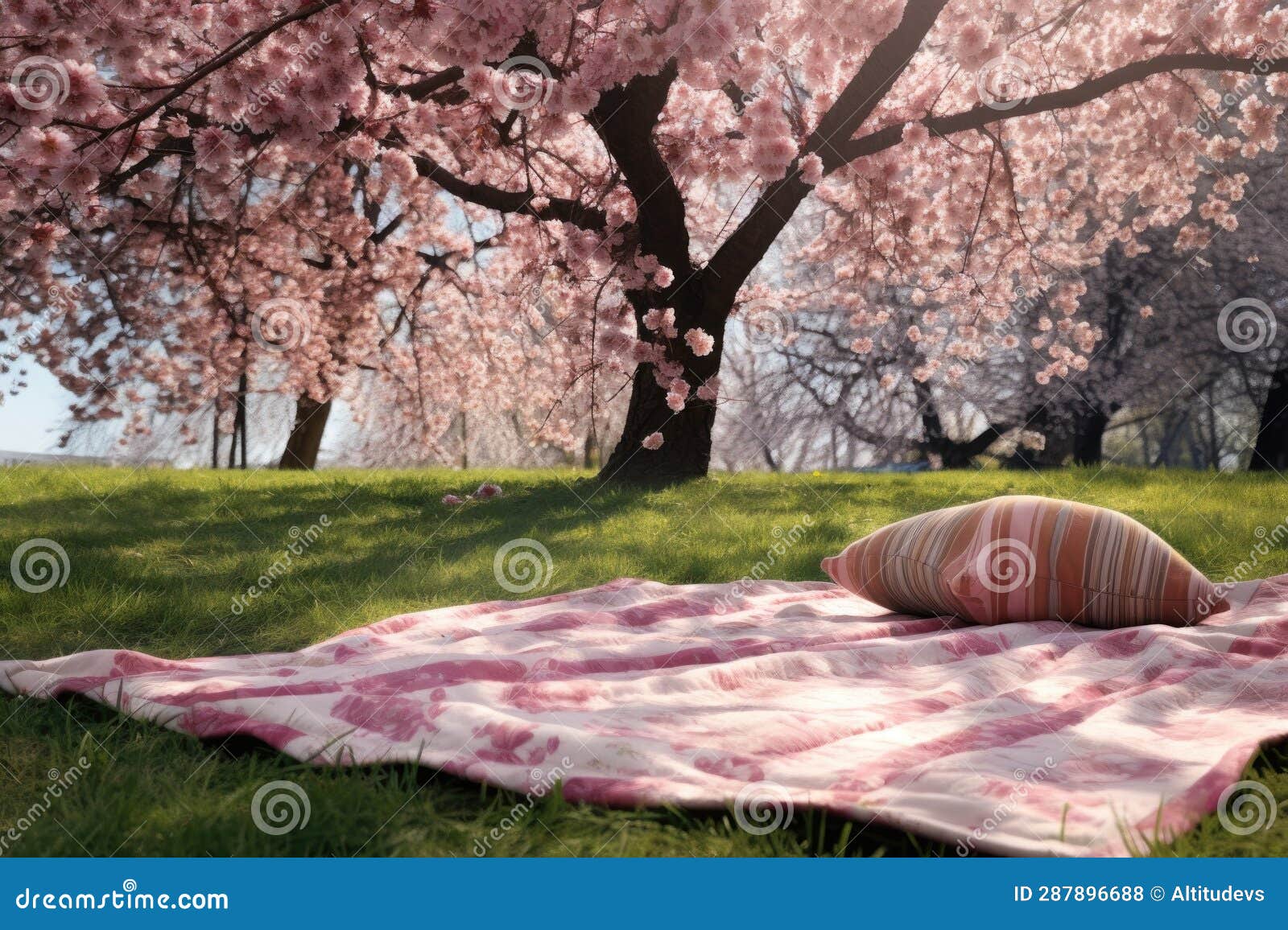 Picnic Blanket Under a Blooming Tree in a Park Stock Photo - Image of ...