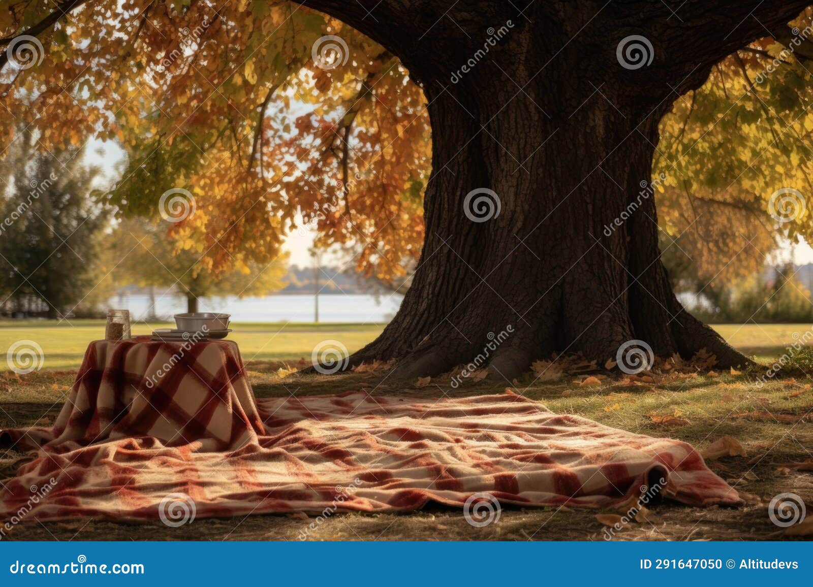 A Picnic Blanket Under a Tree Shedding Its Leaves Stock Photo - Image ...