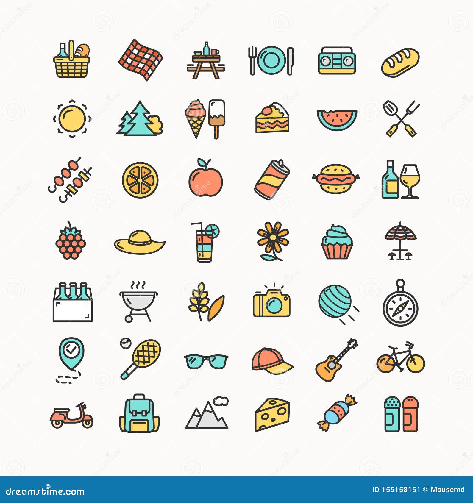 Picnic Color Thin Line Icon Set. Vector Stock Vector - Illustration of ...