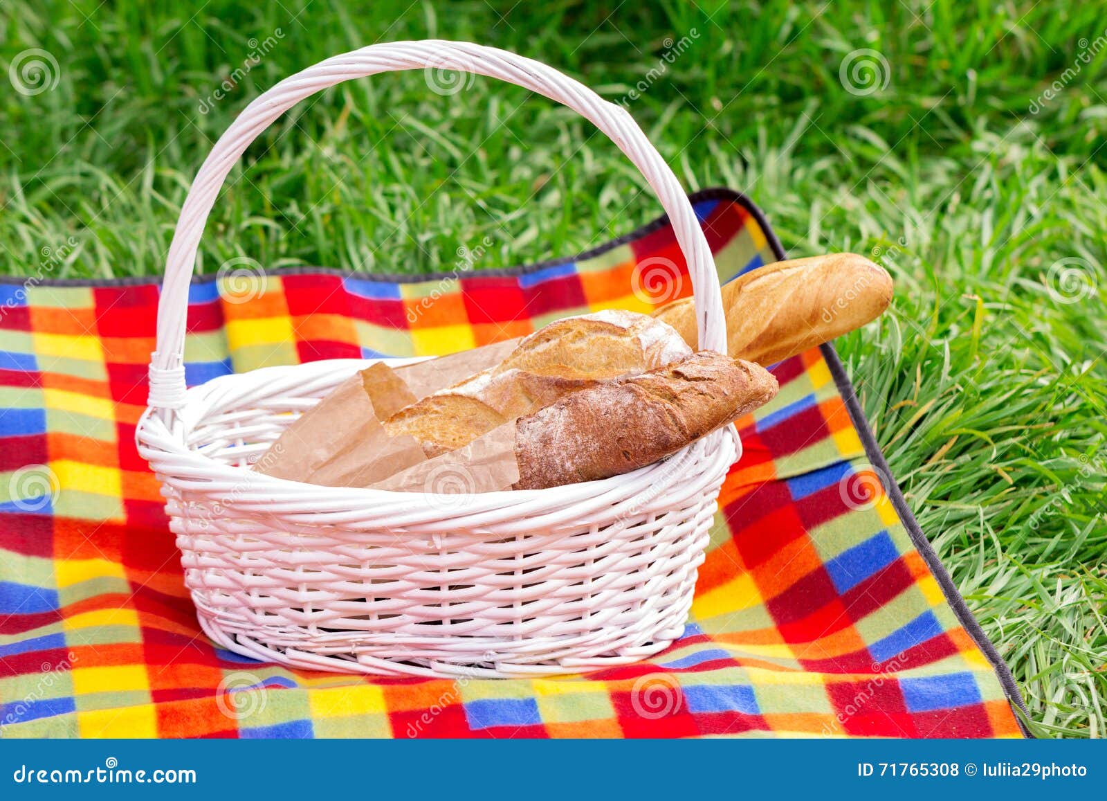 Picnic on the Grass. Picnic Basket with Bread Stock Photo - Image of ...