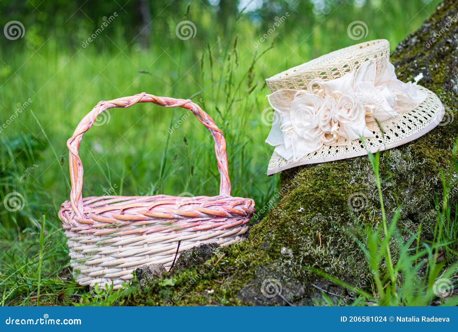 A Picnic On The Grass With Wicker Basket And Straw Sun Hat Rzepna