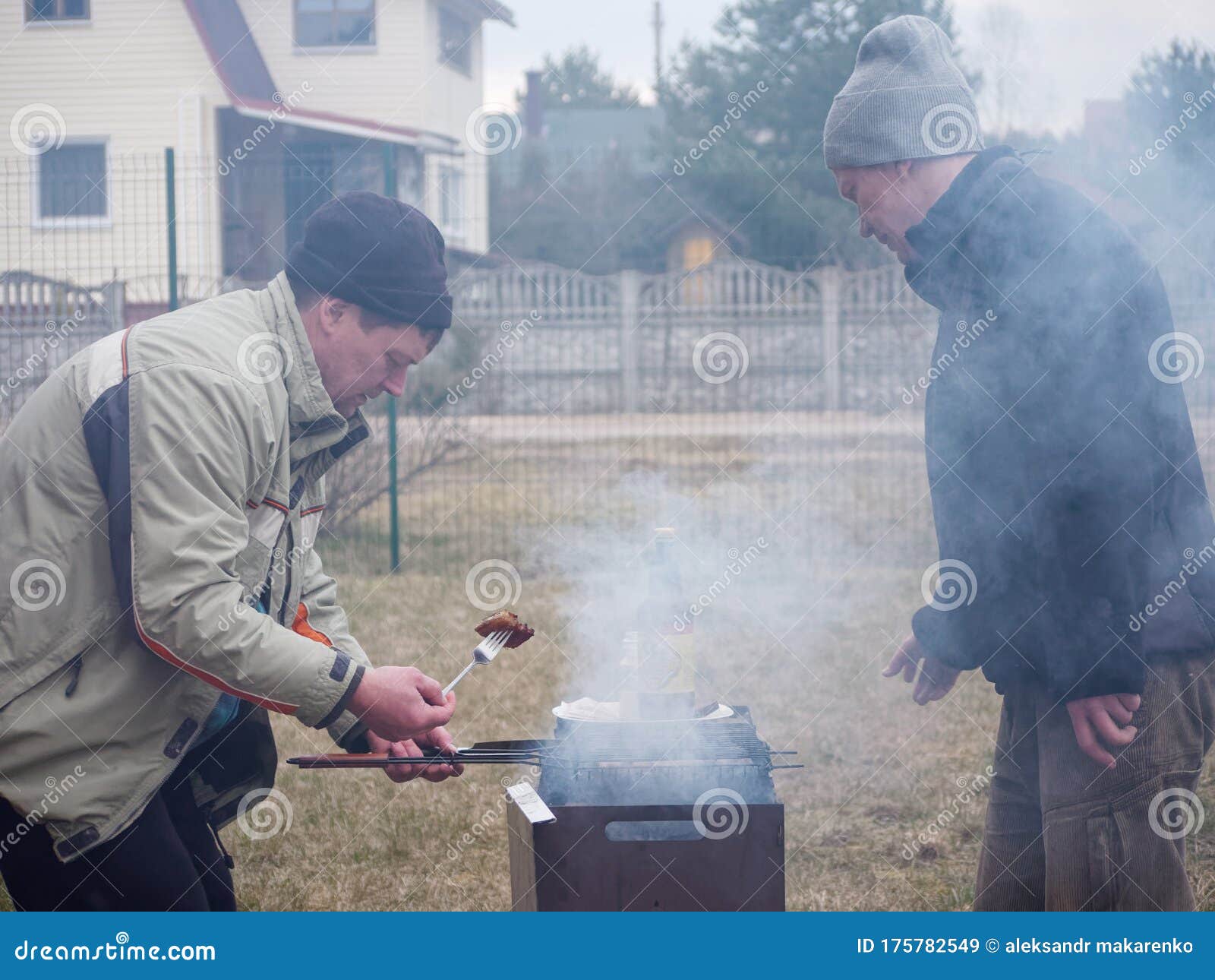 Picnic Men Cook Meat at the Stake Stock Image - Image of adventure ...