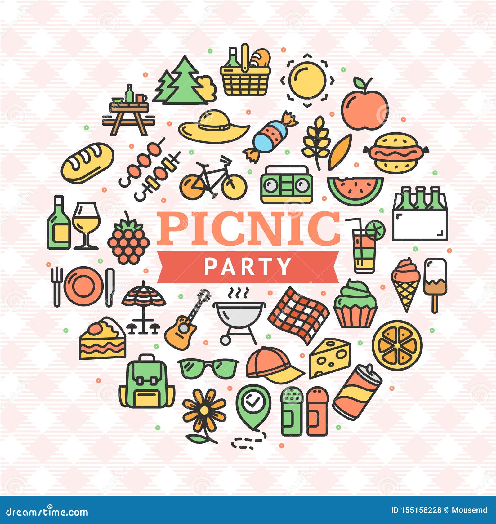 Picnic Party Round Design Template Thin Line Icon Concept. Vector Stock ...