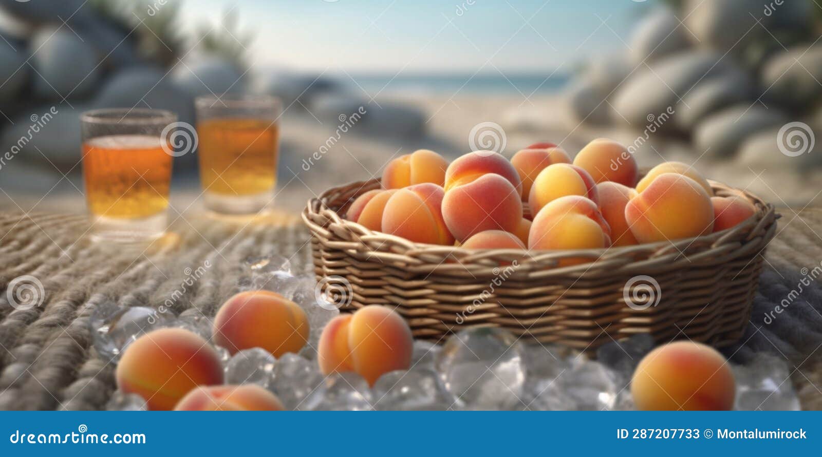 Picnic with Peach on Basket in Beach Sand Holiday Background Stock ...