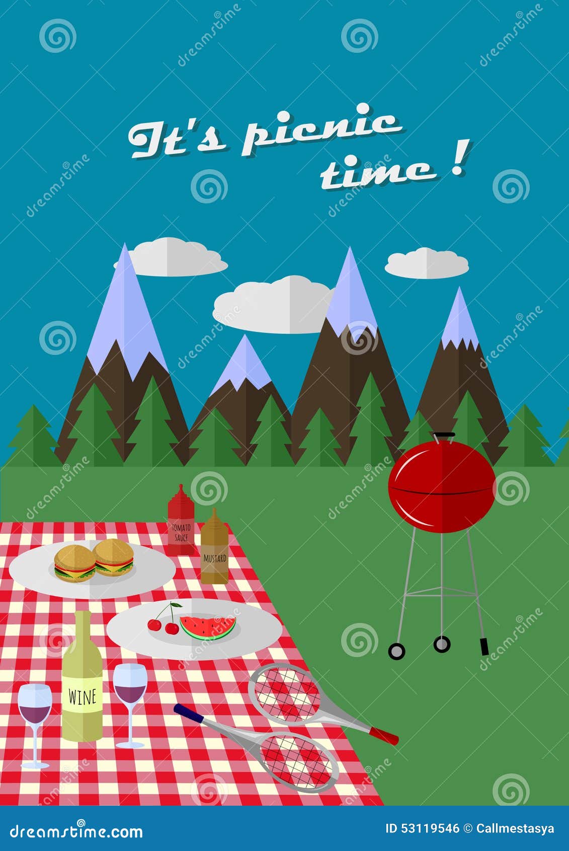 Picnic Poster Or Banner Design Template. Vector Background With ...