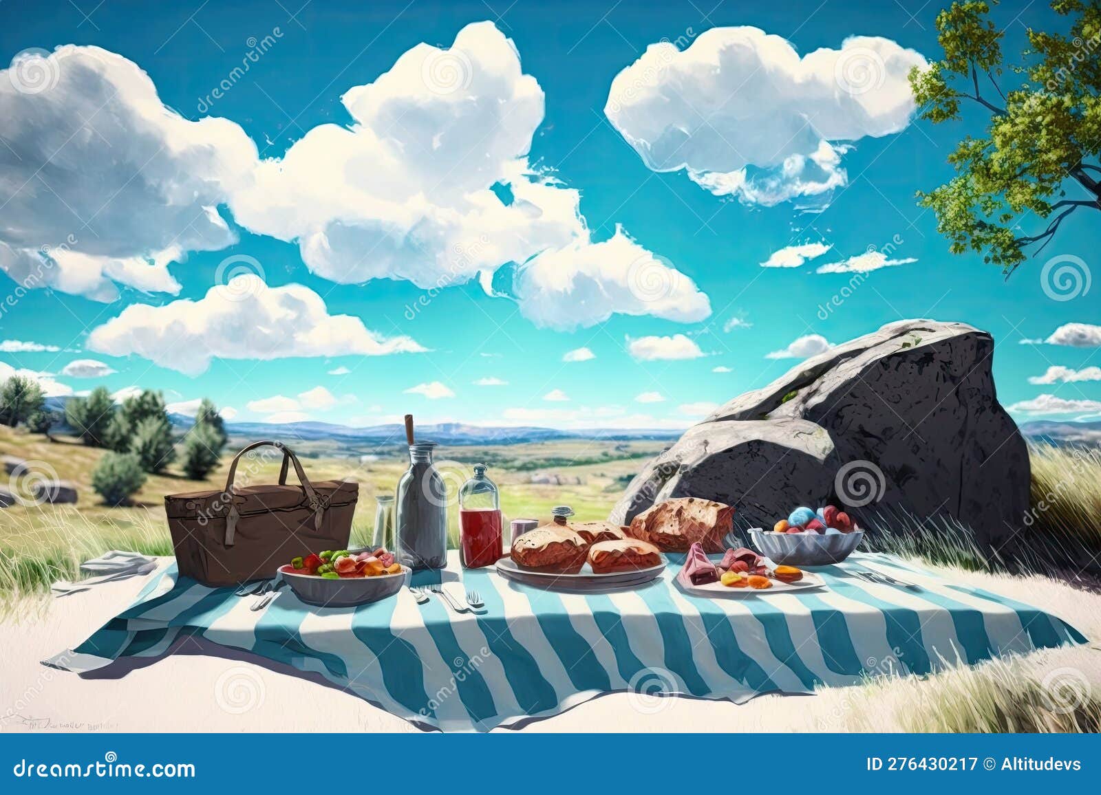 Picnic Setting on a Sunny Day with Clear Blue Skies and Fluffy White ...