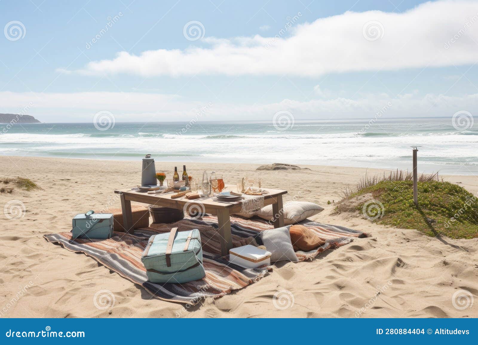 Picnic Setup at the Beach with View of the Ocean and Sand Stock ...