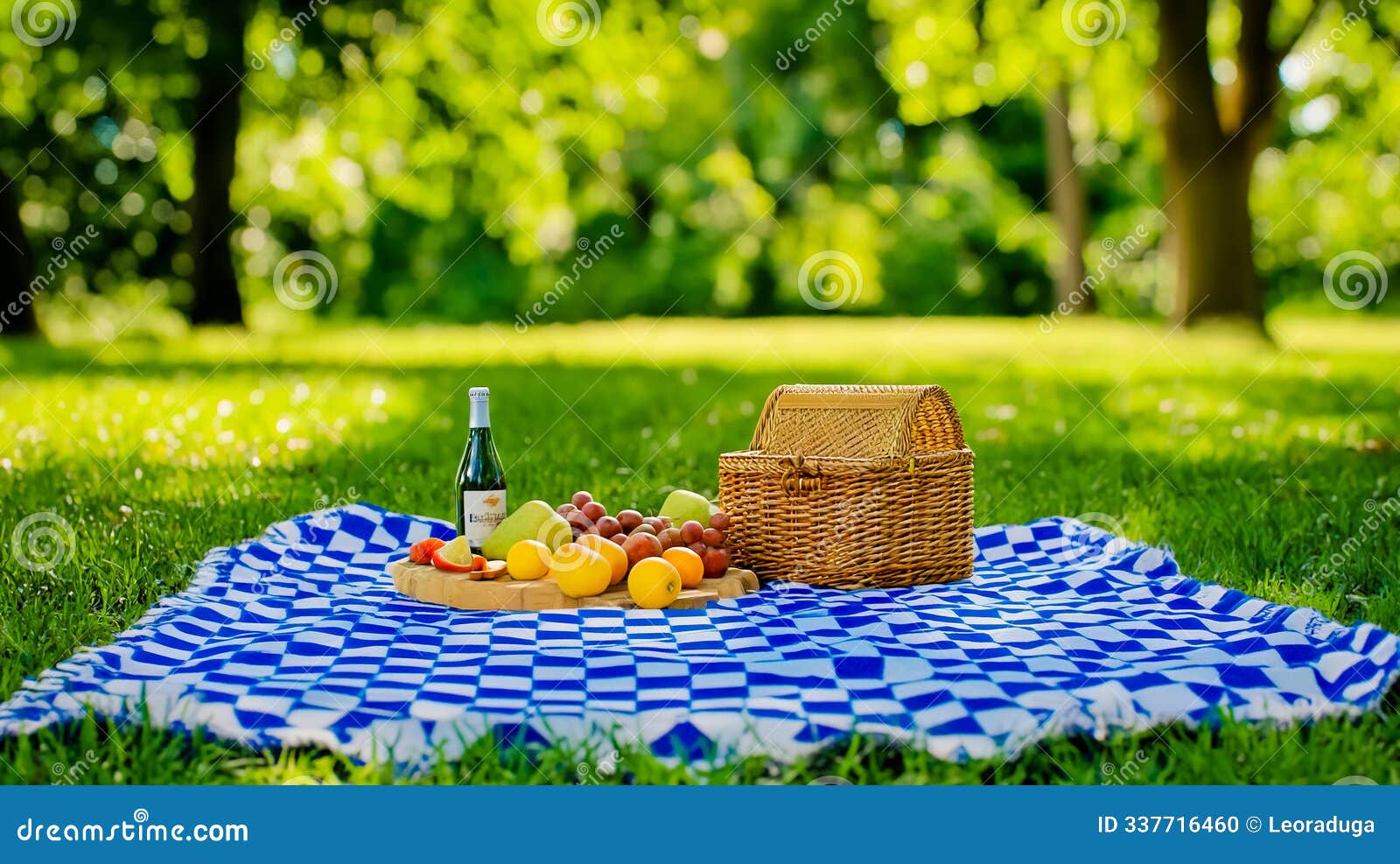 Picnic Setup on a Blue and White Checkered Blanket Spread Out in a ...