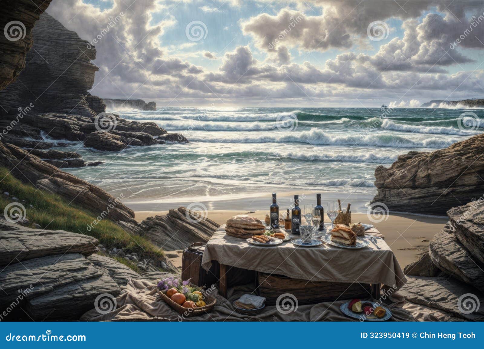 Picnic Setup with Food and Wine on a Rocky Beach Stock Image - Image of ...