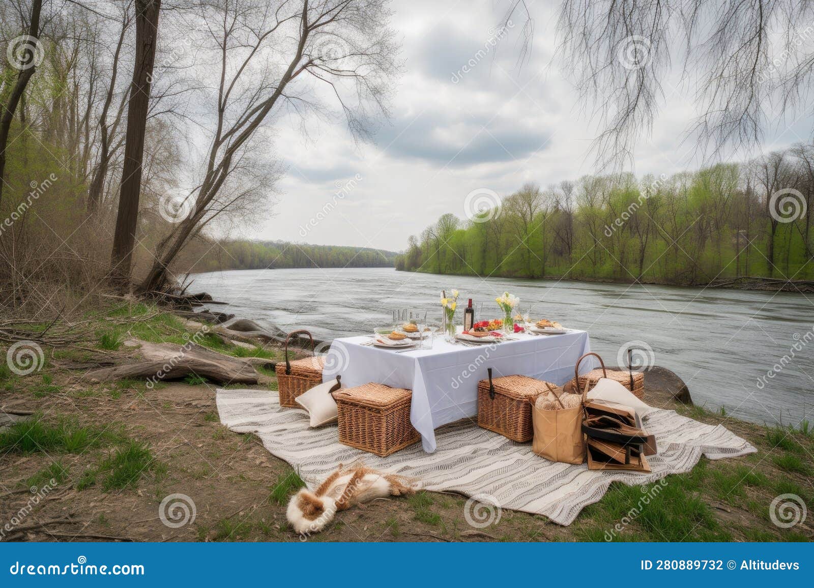 Picnic Setup on a Riverbank with View of Rushing Water Stock Photo ...