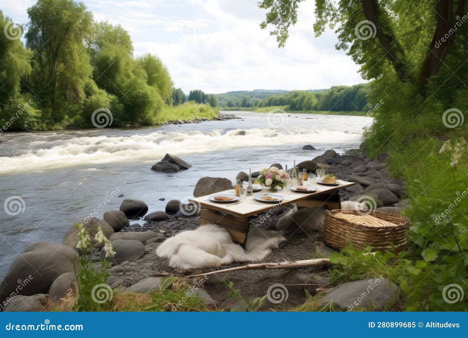 Picnic Setup on a Riverbank with View of Rushing Water Stock Image ...