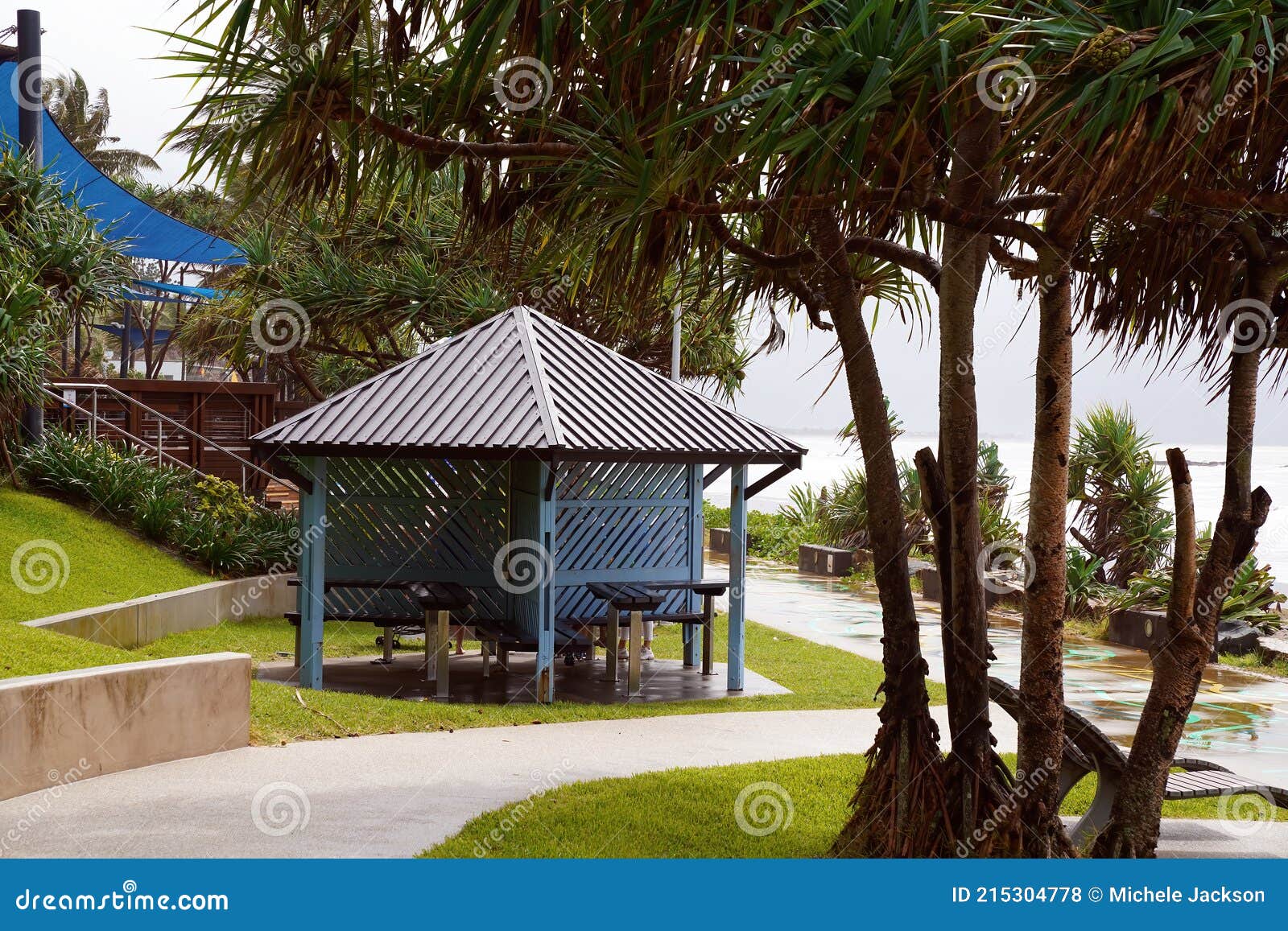 Picnic Shade Structure Beachfront Stock Photo - Image of climate, rain ...