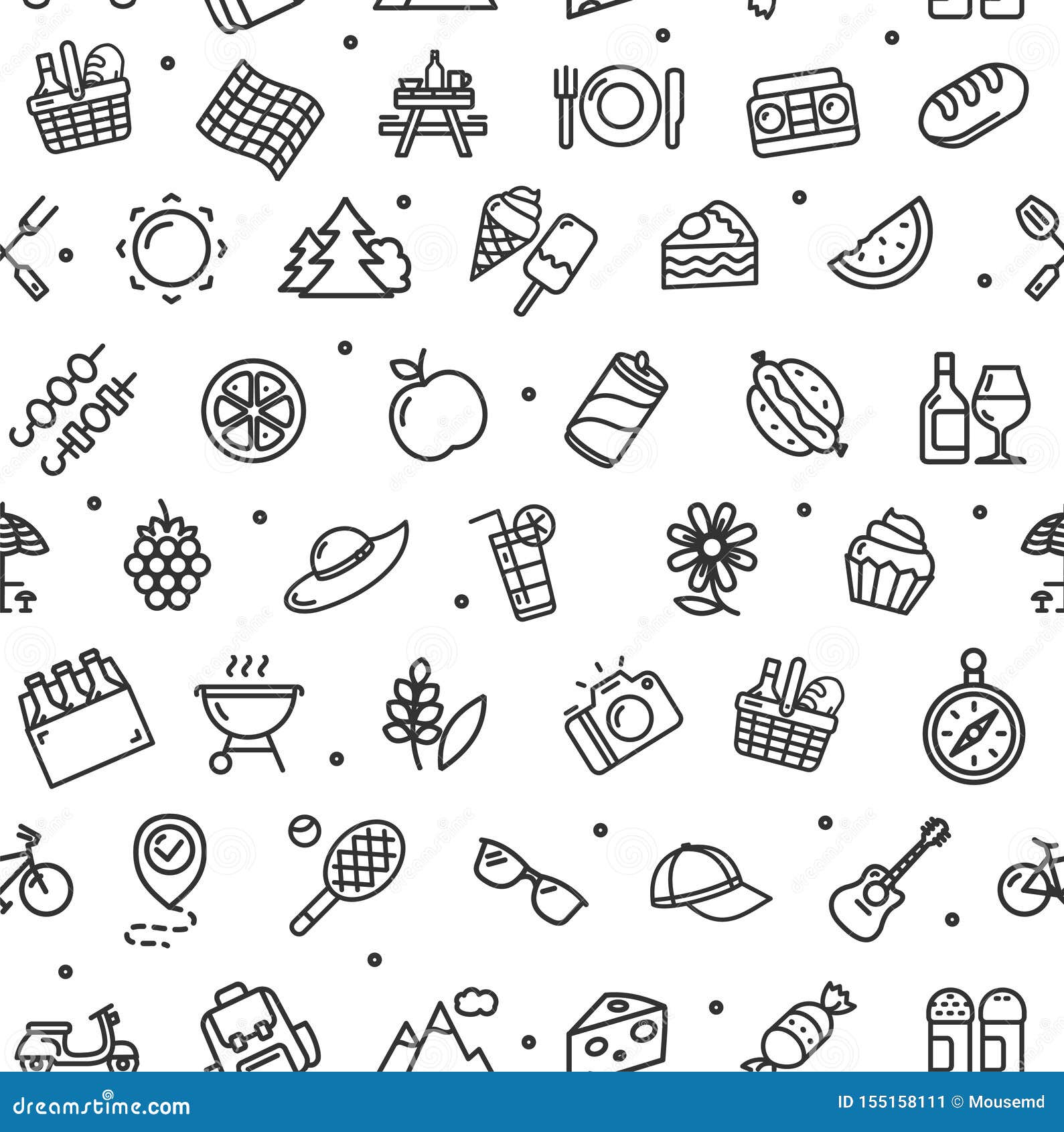 Picnic Signs Seamless Pattern Background on a White. Vector Stock ...