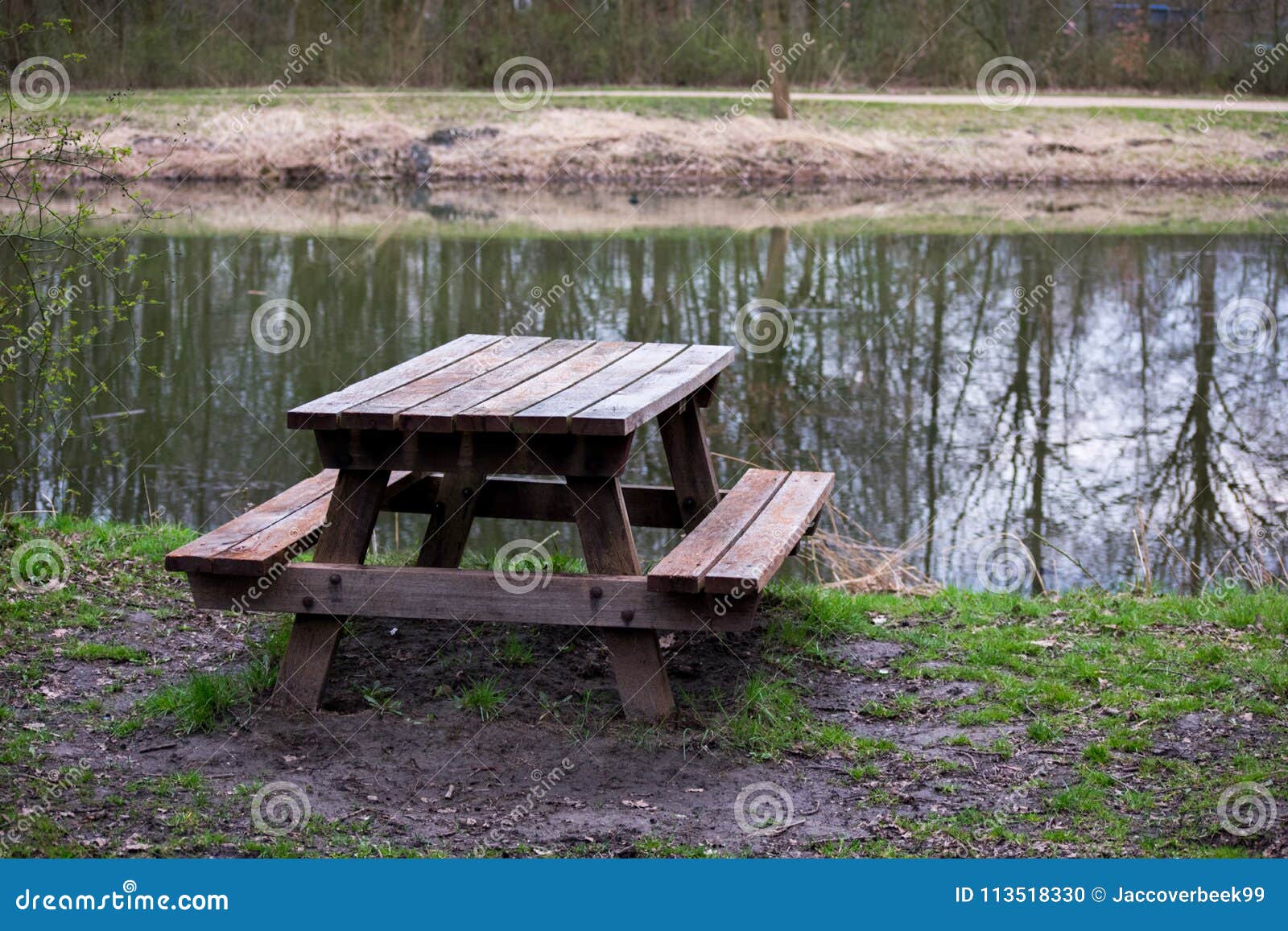 Picnic Table Bench in the Forest Nature Grass Trees Water Stock Photo ...