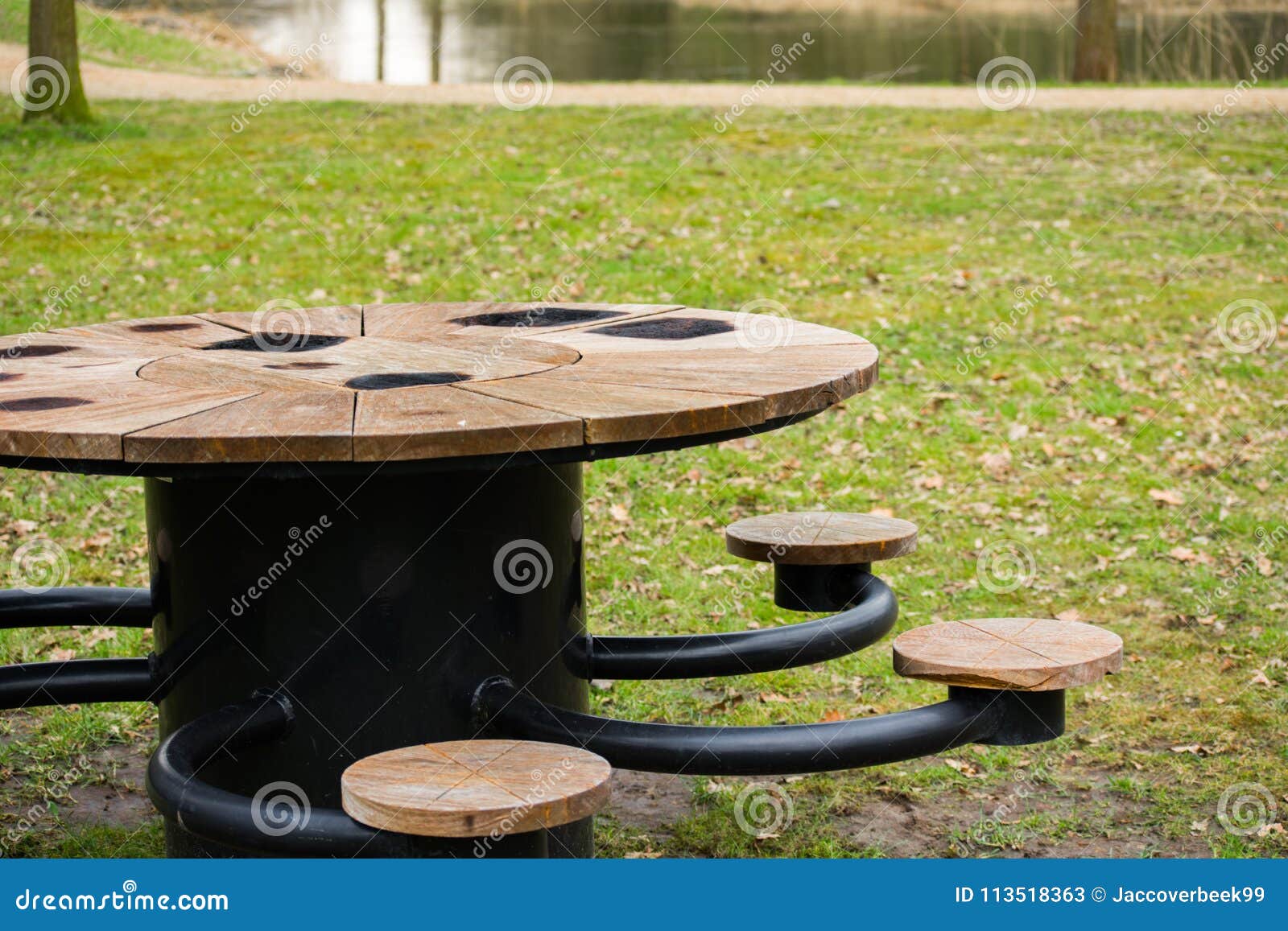 Picnic Table Bench in the Forest Nature Grass Trees Water Stock Image ...