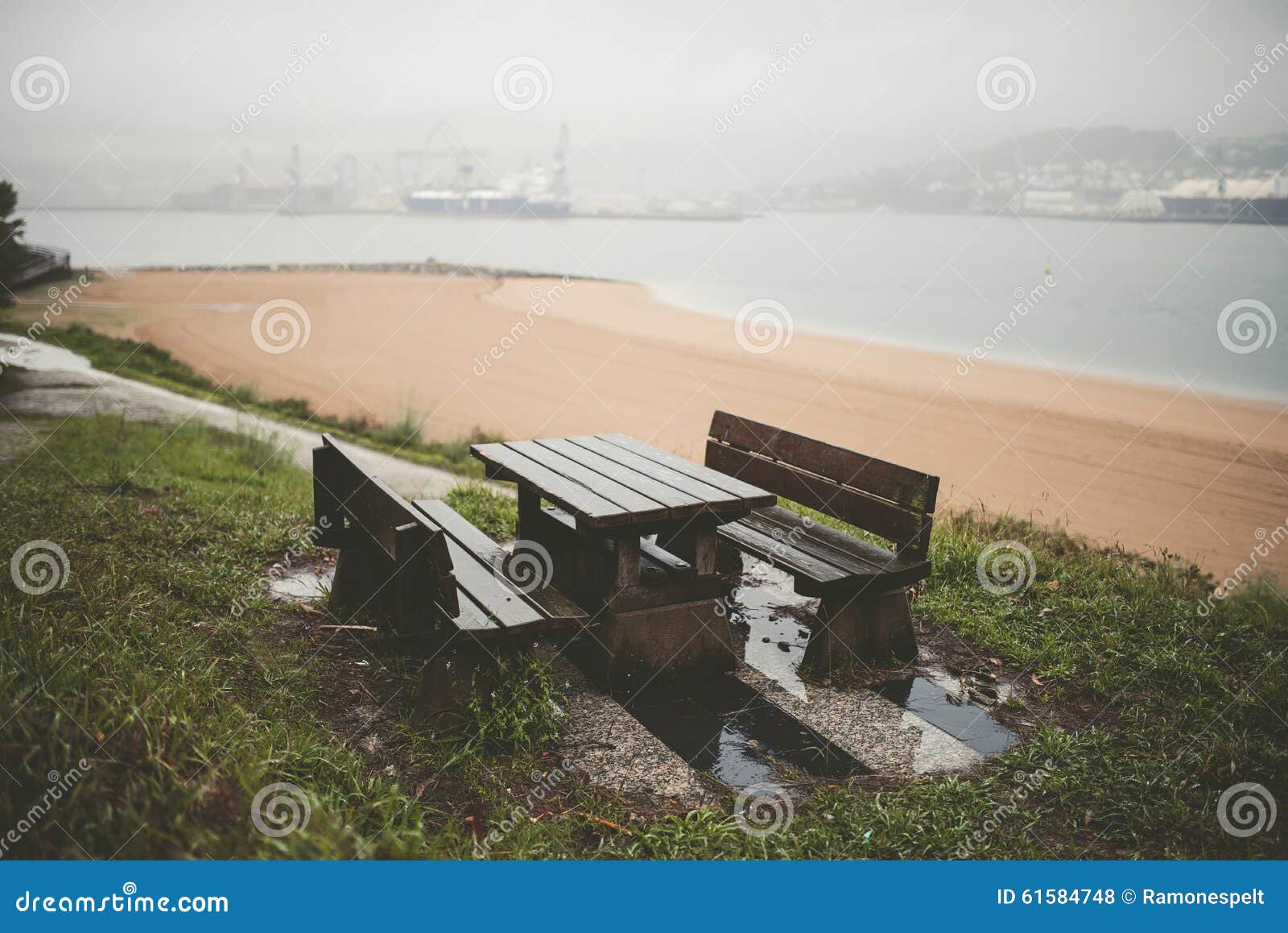 Picnic Table and Benches in a Park on a Rainy Day Stock Photo - Image ...
