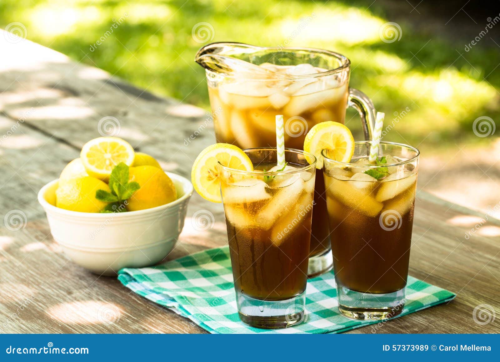 Picnic Table with Cold Iced Tea and Lemons Stock Image - Image of fresh ...