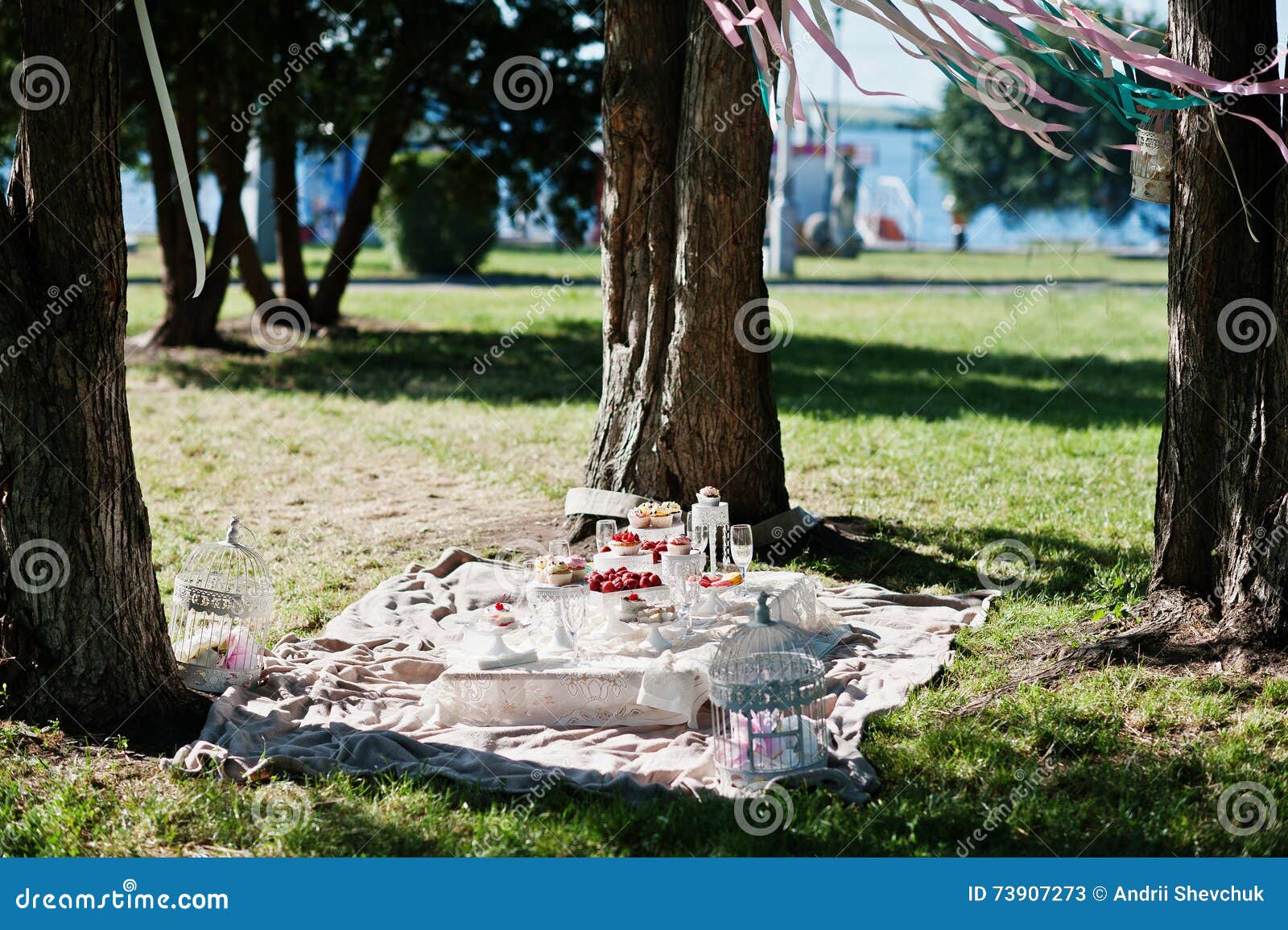 Picnic Table with Decor and Colored Ribbons on Grass Near Trees Stock ...