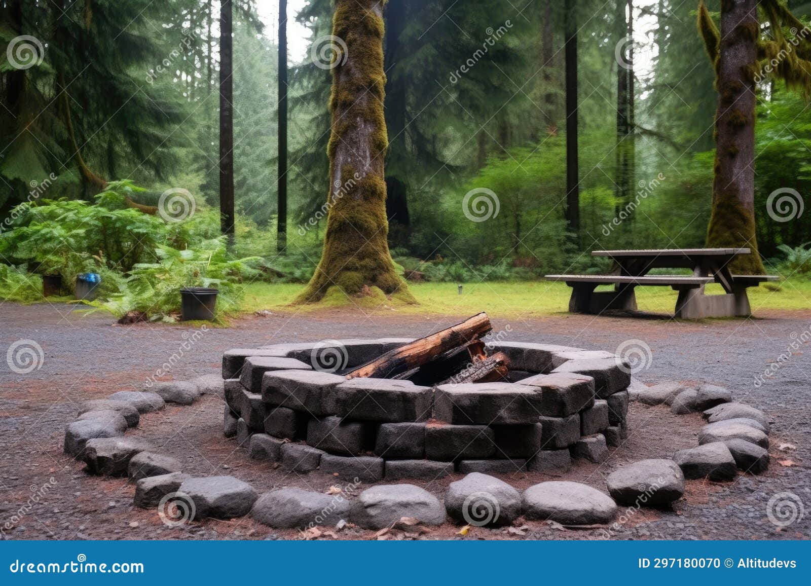 Picnic Table and Fire Pit at a Forest Campsite Stock Photo - Image of ...