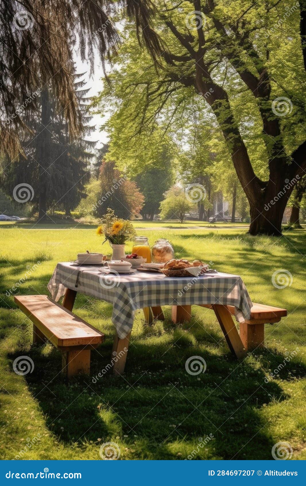 Picnic Table Set Up in a Sunny Park Stock Image - Image of generative ...