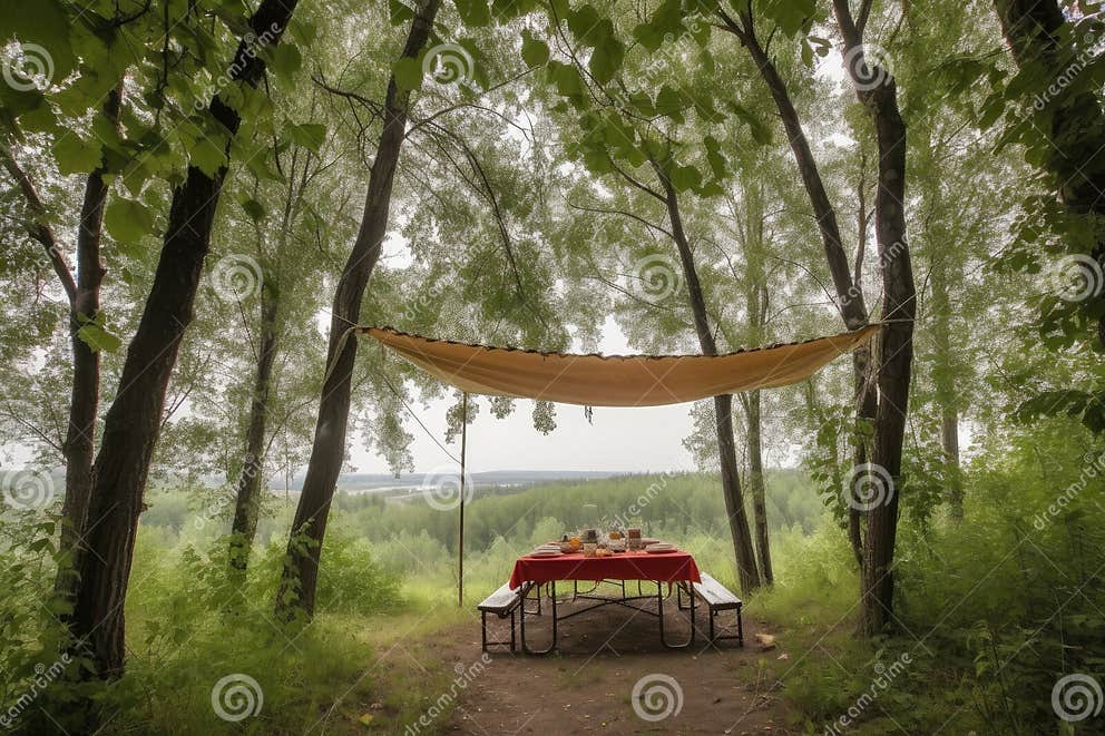 Picnic Under Canopy of Trees with a View of the Forest Stock ...
