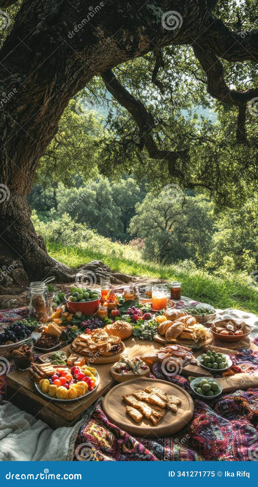 Picnic Under a Large Tree with Food and Drink Illustration Stock ...
