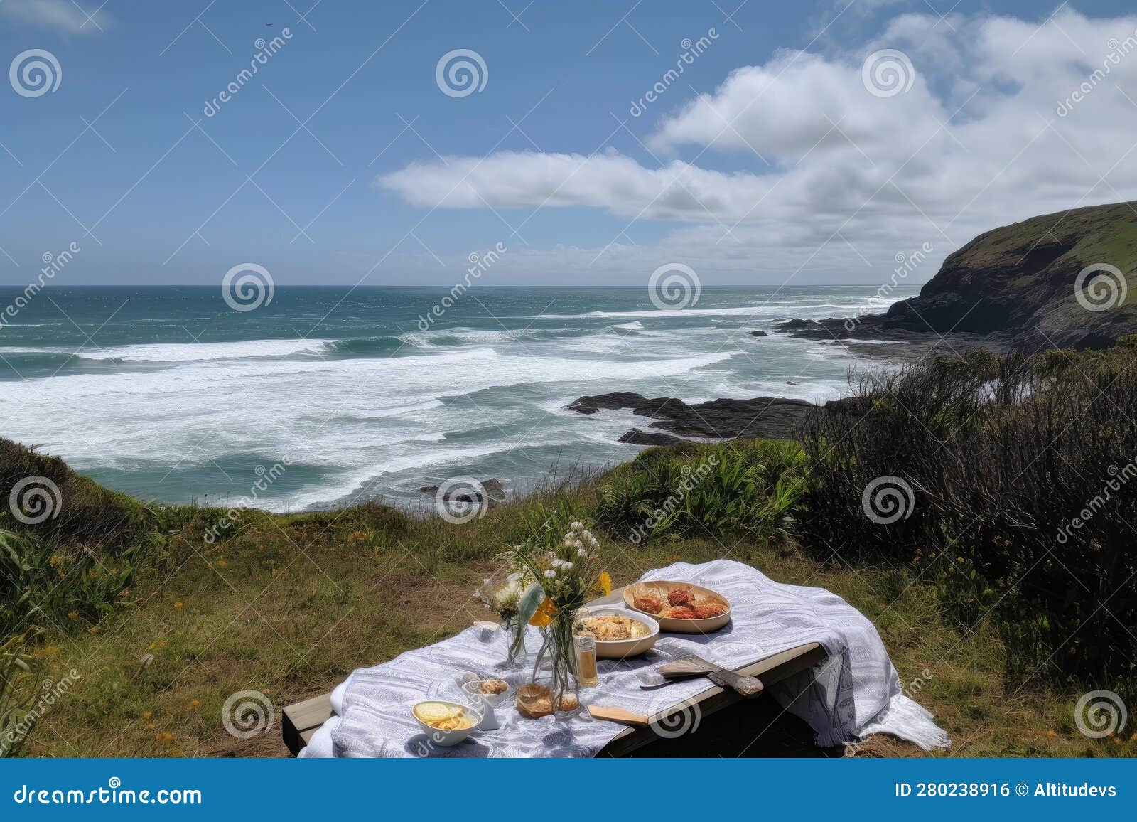 Picnic with a View of the Ocean, Waves Rolling in Stock Illustration ...
