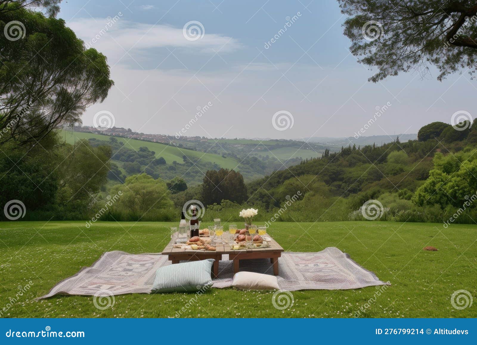 Picnic with View of Rolling Hills or a Lush Garden Stock Illustration ...