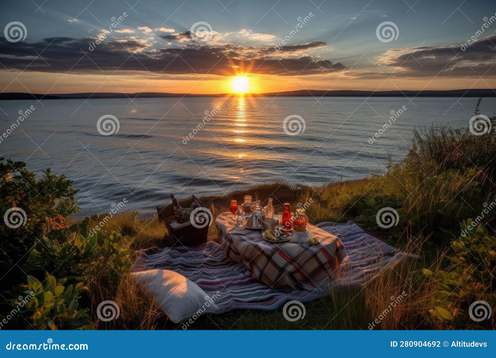 Picnic with View of Sun Setting Over the Water Stock Illustration ...