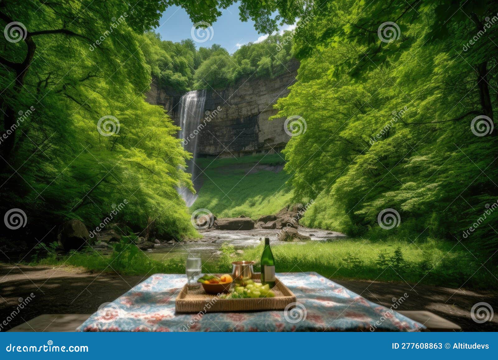 Picnic with View of Waterfall, Surrounded by Greenery Stock ...