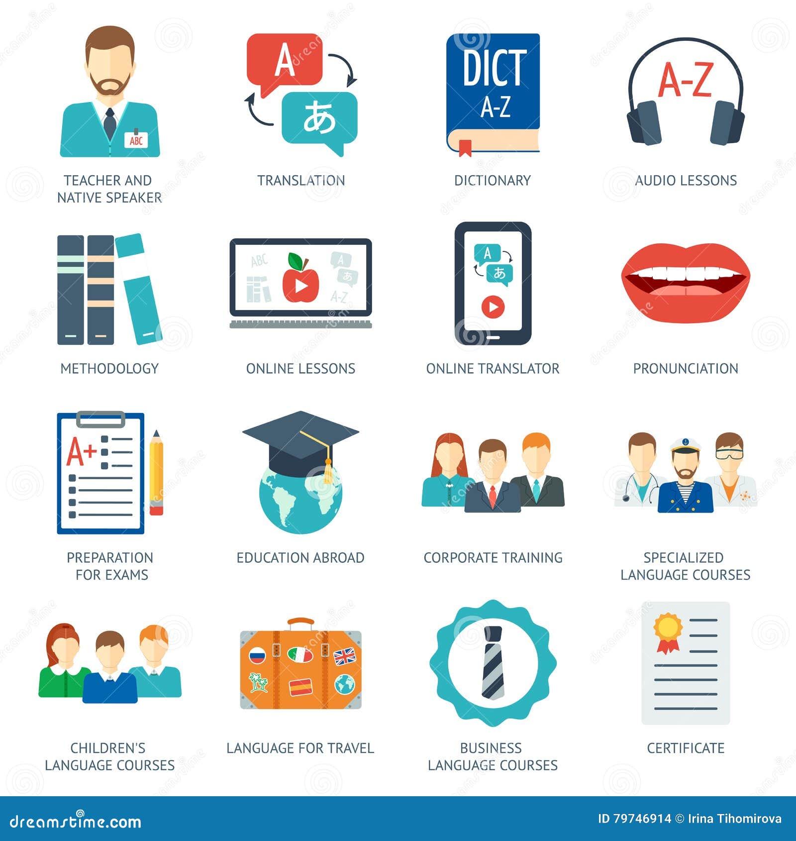 Pictogram and Icons Set for Foreign Language Courses and Schools. Flat ...