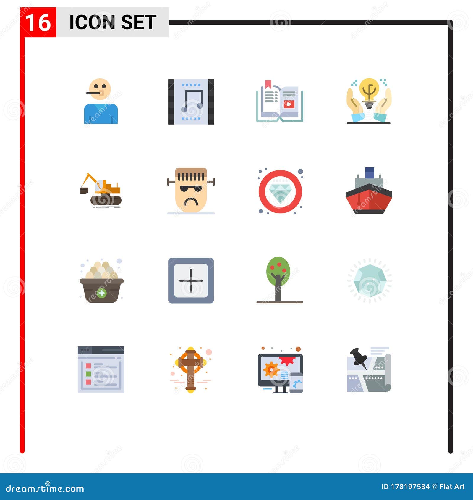 Pictogram Set of 16 Simple Flat Colors of Idea, Protected Ideas, Music ...