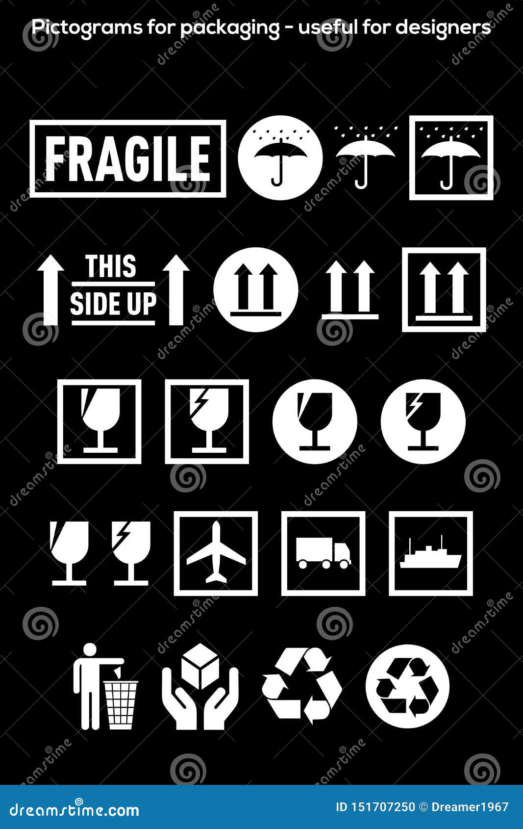 Pictograms for Packaging Isolated on Black - Useful for Designers Stock ...