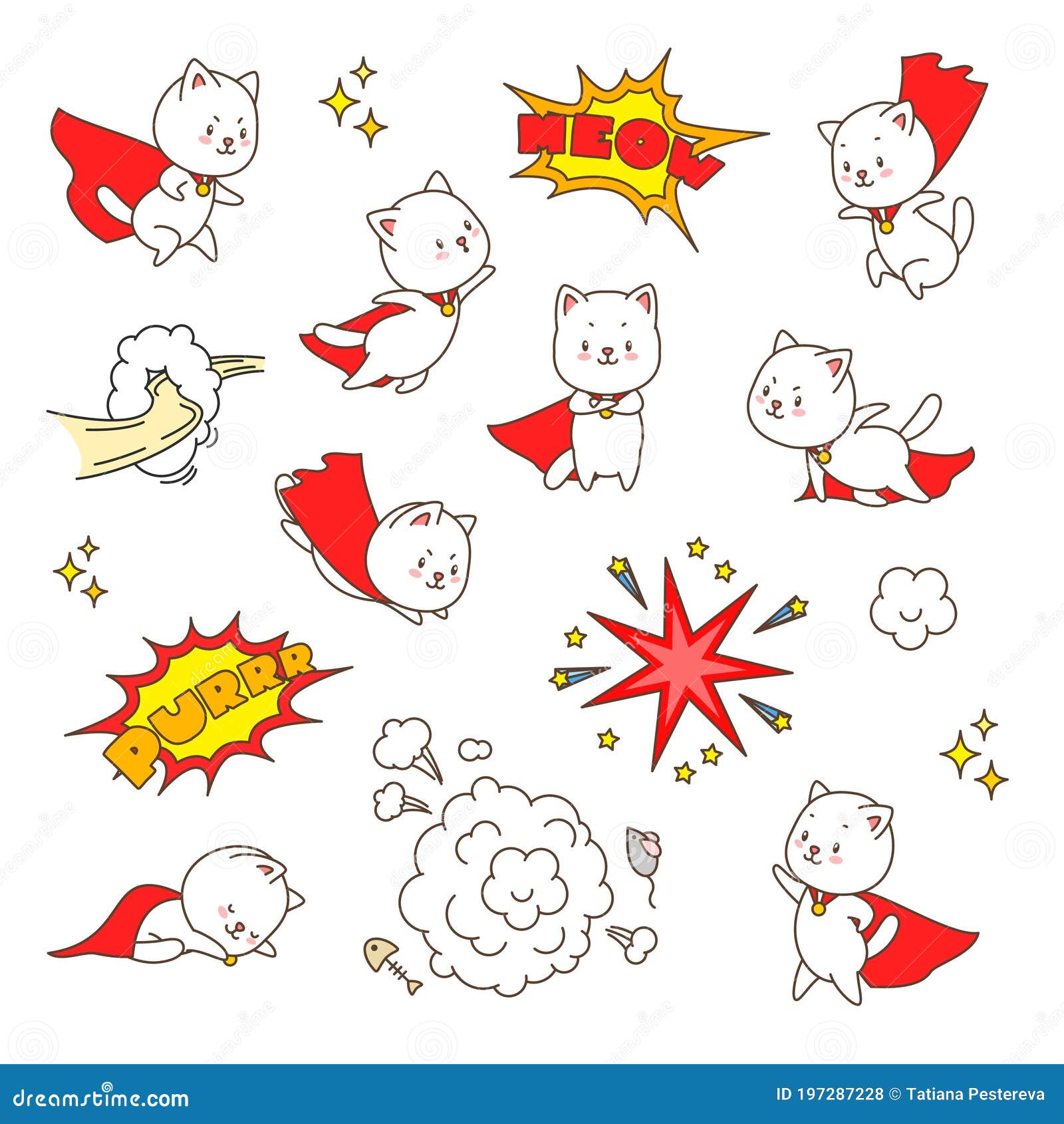Set of super cat stickers stock vector. Illustration of cartoon - 197287228